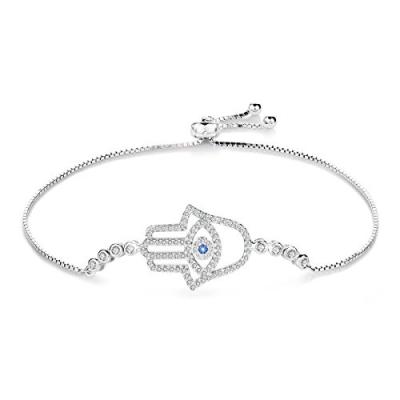 China Women 925 Sterling Silver Bracelets Jewelry , Hamsa Hand Clear CZ Chain Link Bracelet for sale