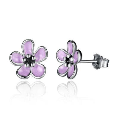 China Flower 925 Sterling Silver Earrings , Cherry Blossom Purple Enamel Stud Earrings for sale