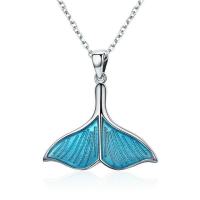 China Long Chain Lady Sterling Silver Pendant Necklace Ocean Sea Blue Mermaid Fishtail Pattern for sale