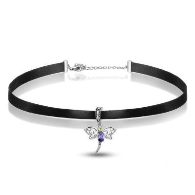 China Black Choker Necklace Womens Leather Jewelry with Silver Cute Dragonfly Pendant for sale