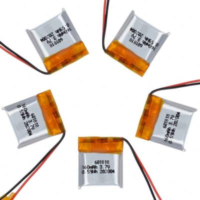 China Kleine Grootte Li Polymer Rechargeable Battery 601818 3.7V Lipo 160mAh Te koop