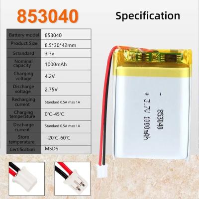 China 853040 3,7 Volt Wiederaufladbare Batterie 1000mah zu verkaufen