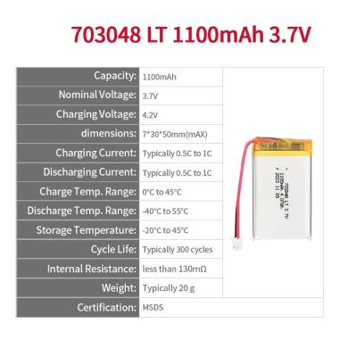 Китай KC IEC62133 Одобрить 3.7V 1100mAh 703048 Низкотемпературная липоаккумуляторная батарея перезаряжаемая батарея пакет липолимерная батарея продается