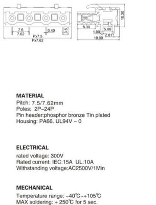 Cina 2P-24P PCB Terminal Block 300v 7.5 / 7.62 Mm Pitch Connector Verde in vendita