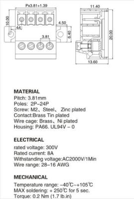 China Plug - In 2P-24P PCB Terminal Block 300V 3.81mm Flexible Design for sale