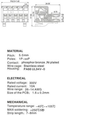 China 300V 10 Pins PCB Terminal Block 5.0mm Pcb Mount Screw Terminal 26－14 Awg for sale