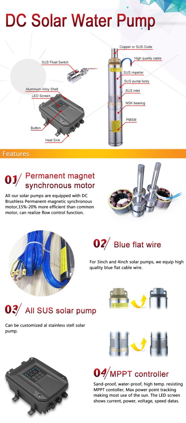 High quality dc submersible solar pump for deep well price solar water pump for agriculture dc solar submersible pump