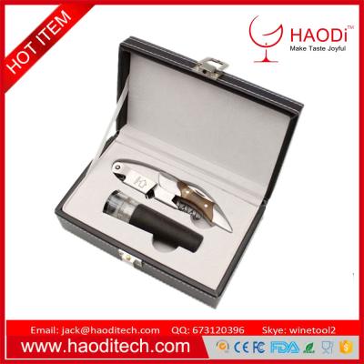China Stainless Steel Wine Gift Set Bottle Opener Corkscrew Stopper With Leather Box for sale