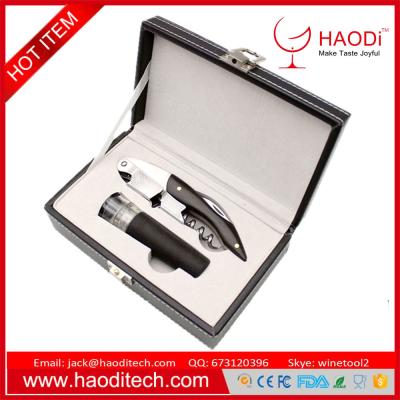China Ebony Wood Wine Bottle Opener Set Foil Cutter Corkscrew in Leather Gift Box for sale