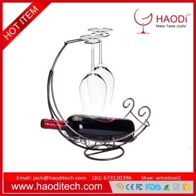 China Bronze Iron Tabletop 2 Wine Glass Display 1 Bottle Wine Holder Drying Rack for sale