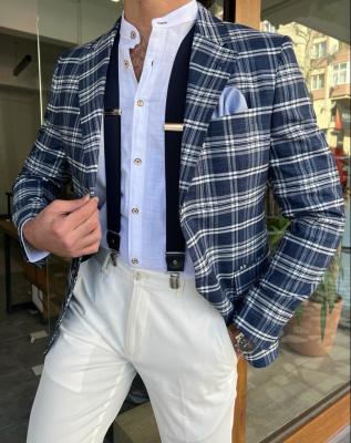 China 65% viscose32% Pes 3% Elastane Mannelijke Donkerblauwe de Plaidblazer van het Kostuumjasje Te koop