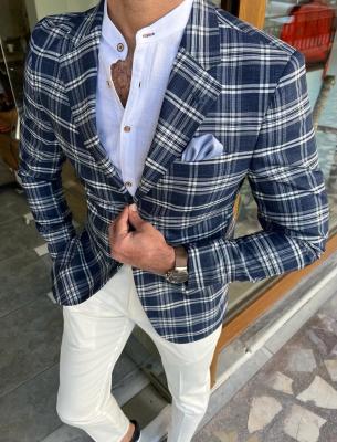 China 65% viscose32% Pes 3% Elastane Mannelijke Donkerblauwe de Plaidblazer van het Kostuumjasje Te koop