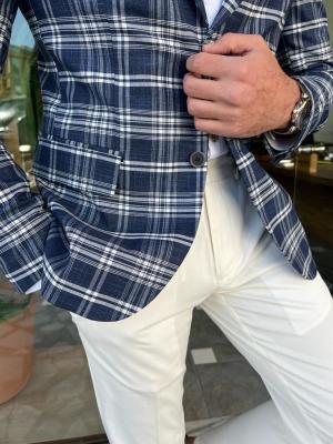 China 65% viscose32% Pes 3% Elastane Mannelijke Donkerblauwe de Plaidblazer van het Kostuumjasje Te koop