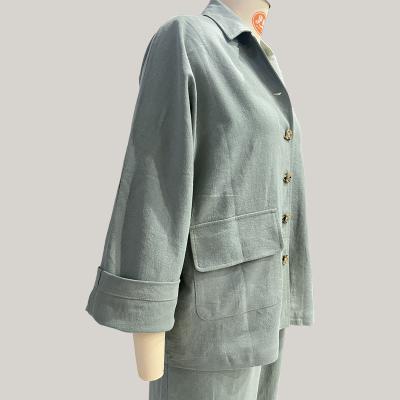 China Het Linnen van de Katoenen van vrouwen snakken de Groene de Knoopbovenkanten Op z'n gemak Twee Stukken Lange Koker met Zakdames Broek Te koop
