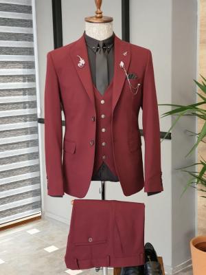 China 46 48 50 52 54 do smoking marrom de 3 partes do terno do smoking de 56 costumes clarete apto magro da veste do terno do estiramento vermelho à venda