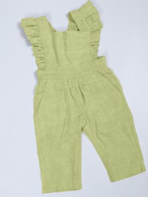 China Regular Fit Little Girls Linen Fabric Dungarees Overalls Manufacturer Flutter Sleeve Jumpsuit Casual Wear Te koop