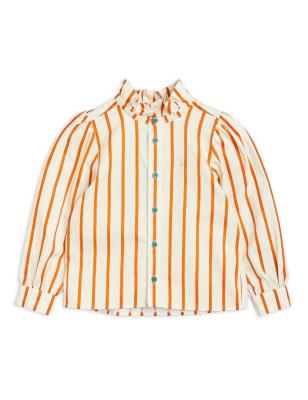 Cina Christmas Girls Cotton Striped Woven Ruffle Neck Blouse with Contrast Button in vendita