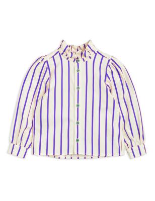 Cina Christmas Girls Cotton Striped Woven Ruffle Neck Blouse with Contrast Button in vendita