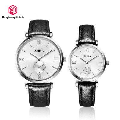 China Elegant Black Couple Wrist Watches Round Case Leather Band For Lover for sale