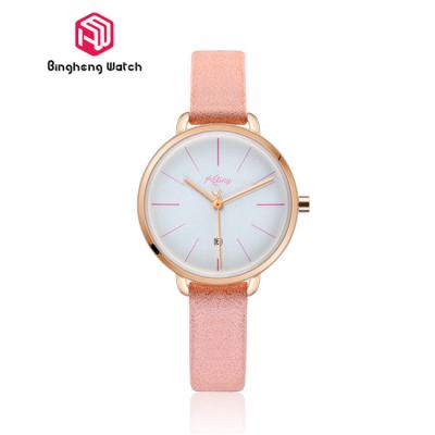 China 30M Waterproof Pink Leather Strap Watches Womens With Customized Logo for sale