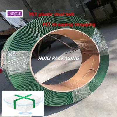 China 9-25mm PET plastic-steel strapping belt green PET strapping belt and automatic PET pallet strapping bel for sale