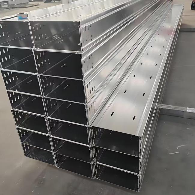 Wall mount solid bottom type cable tray showing installation and cable management