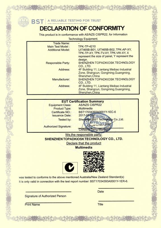 C-TICK certificate - Shenzhen TopAdkiosk Display Technology Co., Ltd.