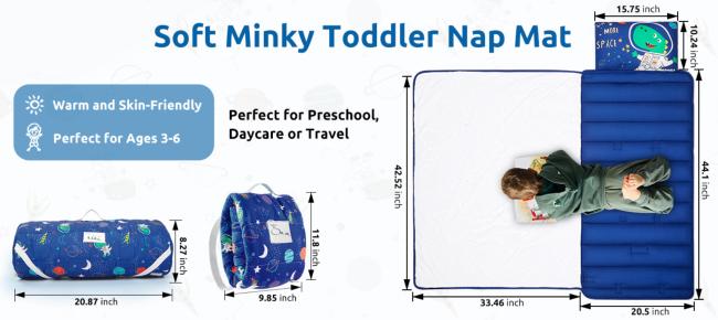 Toddler nap mat with pillow and attached blanket in playful patterns