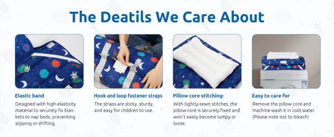 3-in-1 toddler nap mat showing sleeping surface, attached blanket, and removable pillow