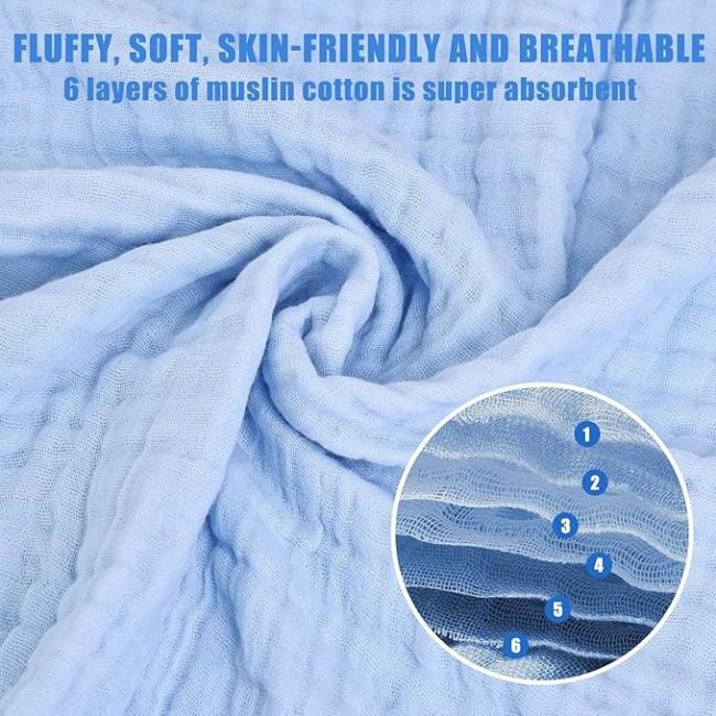 Set of three folded baby towels in white, blue and grey
