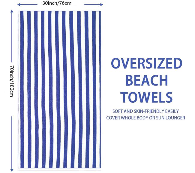 Beach towel folded to showcase stripe pattern and size