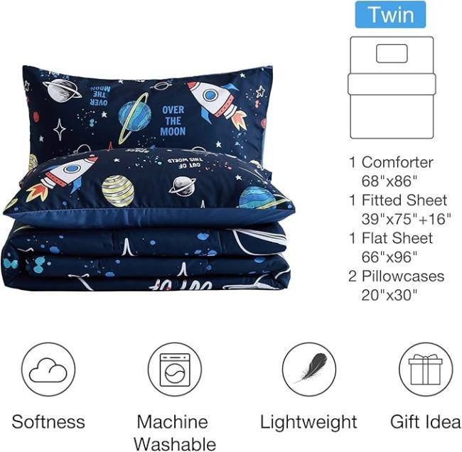 Close-up view of space rocket bedding set components