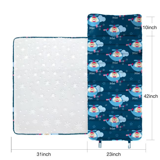 Nap mat being rolled up for storage with pillow removed