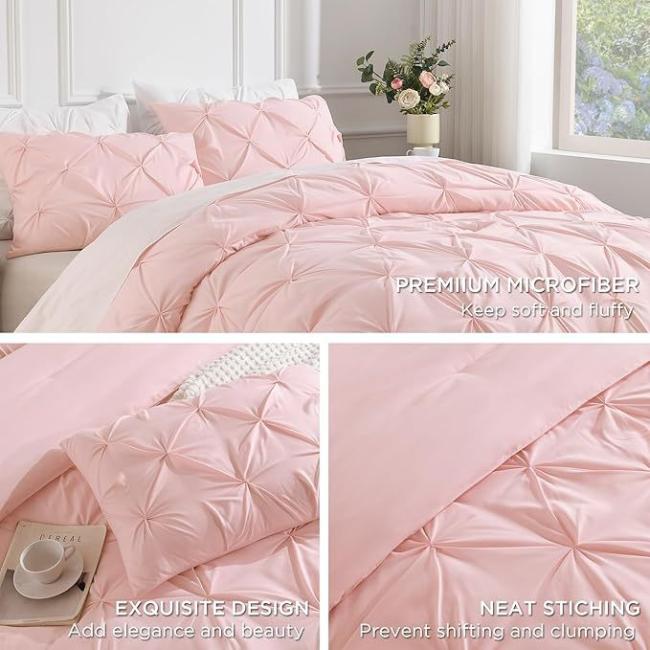 Detailed view of pink pleated quilt design