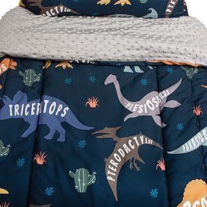 Colorful dinosaur pattern detail on bedding