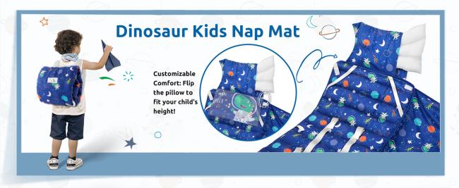 Blue toddler nap mat with pillow and blanket