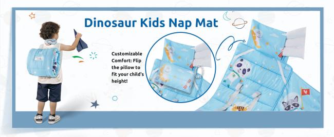 Toddler nap mat with pillow and blanket in light blue color