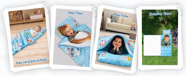Toddler nap mat shown in rolled-up position with carrying handles
