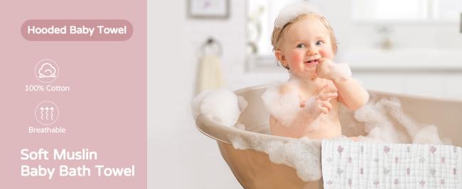 Muslin hooded baby towels in pink and white colors