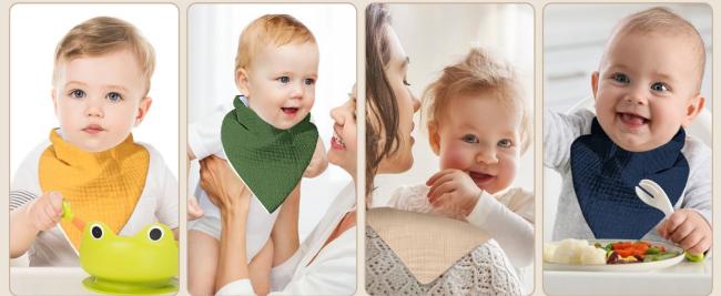 Baby wearing bib showing safe neck fit