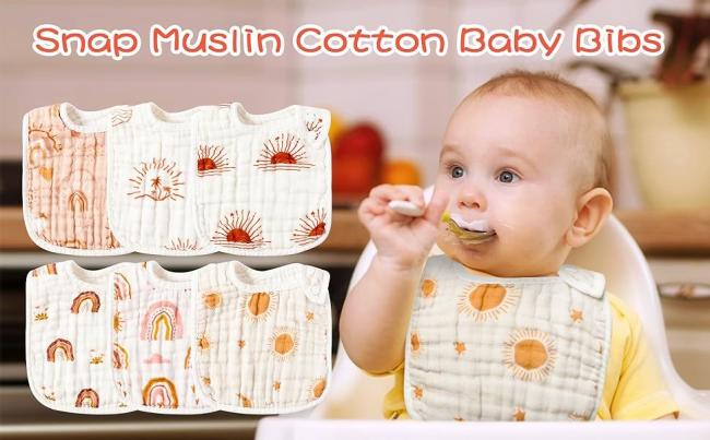 Set of 6 colorful muslin baby bibs with rainbow, sun and star patterns