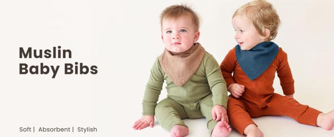 Set of 10 muslin baby bibs in neutral colors
