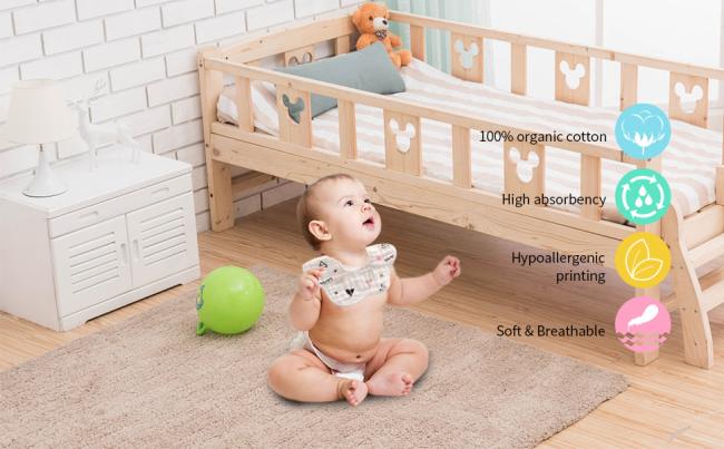 6-piece set of colorful muslin baby bibs displayed together