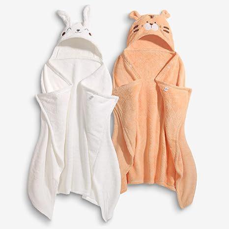 Quality 2-Pack Hooded Baby Bath Towels - White Rabbit & Orange Tiger - 50x32 Inches for sale