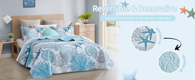 Close-up of coastal quilt pattern showing ocean-inspired design