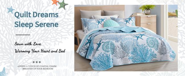 Coastal quilt set displayed on a bed with ocean-inspired design