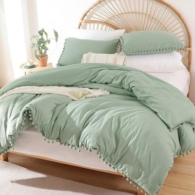 China Sage Green Bohemian Microfiber Comforter Set with Pom Fringe for sale