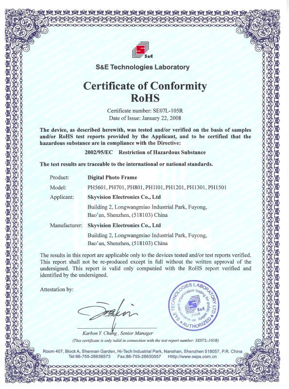RoHS Certificate of Conformity - Skyvision  Technology Co.,LTD