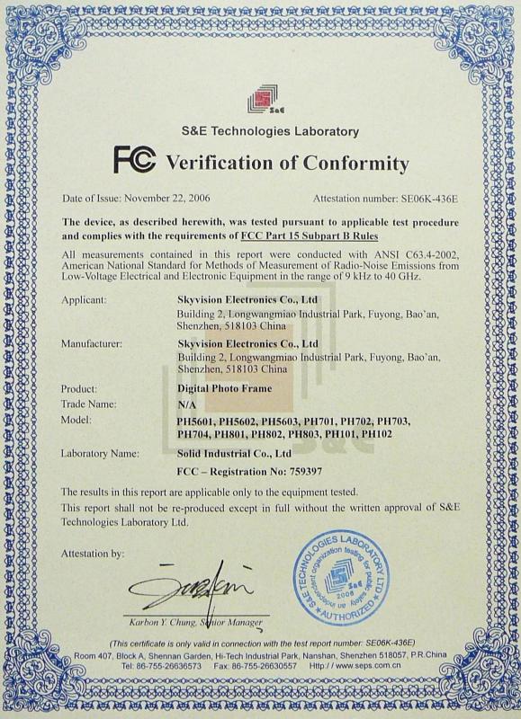FCC Verification of Conformity - Skyvision  Technology Co.,LTD