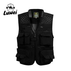 China Custom Design Zip Zwart Utility Outdoor Workwear Journalist Multi-pocket Sleeveless Vissen Mensen vest met Mesh Te koop